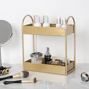 MyGift 2 Tier Gold Metal Bathroom Countertop Vanity Makeup Organizer Display Shelf with Decorative Handles, Cosmetic and Accessories Storage Rack