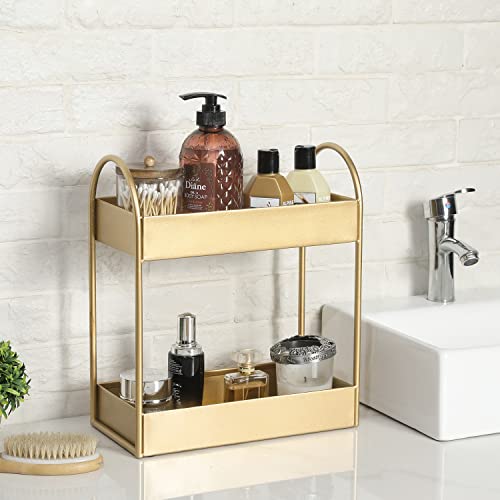 MyGift 2 Tier Gold Metal Bathroom Countertop Vanity Makeup Organizer Display Shelf with Decorative Handles, Cosmetic and Accessories Storage Rack