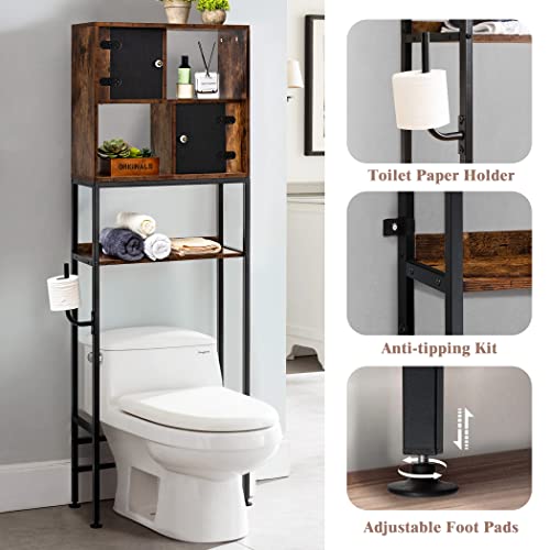 LAVIEVERT Over The Toilet Storage Rack with 2 Cabinets, 4-Tier Industrial Bathroom Organizer Shelves, Freestanding Space Saver Toilet Stands for Restroom, Laundry - Rustic Brown