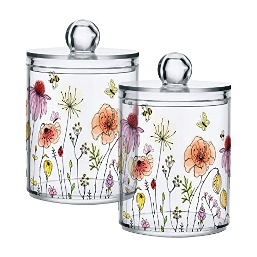 2 Pack Qtip Holder Dispenser with Lids, Flowers Floral Dragonfly Plastic Storage Containers,Bathroom Canisters Organizer for Cotton Ball, Cotton Swab, Cotton Round Pads, Floss 21213294