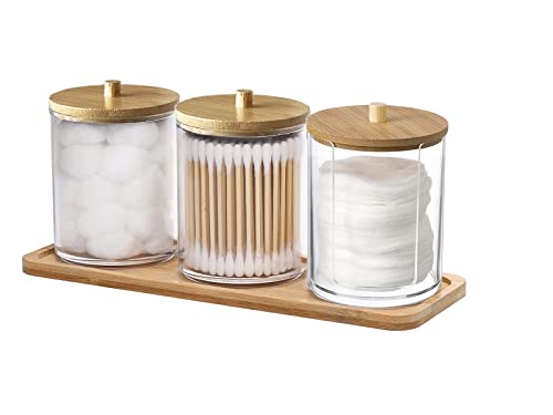 Qtip Holder Dispenser with Bamboo Lids and Vanity Tray - 10 oz Clear Plastic Apothecary Jar Containers for Vanity Makeup Organizer Storage - Bathroom Accessories Set for Cotton Swab, Ball, Pads, Floss