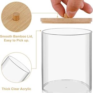 Qtip Holder Dispenser with Bamboo Lids and Vanity Tray - 10 oz Clear Plastic Apothecary Jar Containers for Vanity Makeup Organizer Storage - Bathroom Accessories Set for Cotton Swab, Ball, Pads, Floss