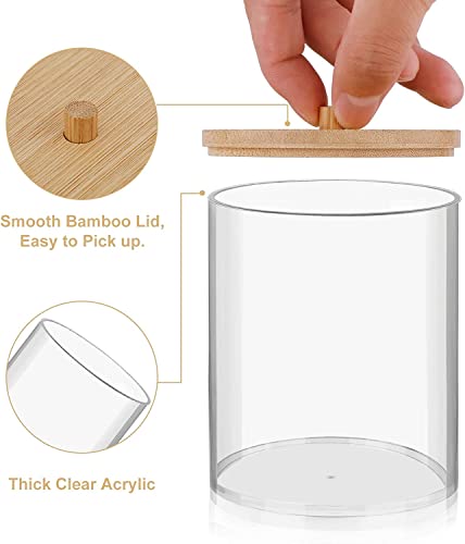 Qtip Holder Dispenser with Bamboo Lids and Vanity Tray - 10 oz Clear Plastic Apothecary Jar Containers for Vanity Makeup Organizer Storage - Bathroom Accessories Set for Cotton Swab, Ball, Pads, Floss