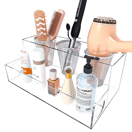 PecMuikee Hair Tool Organizer, Acrylic Hair Tool Caddy Countertop Blow Dryer Stand Storage with 3 Cups for Bathroom, Bedroom, Office, Clear