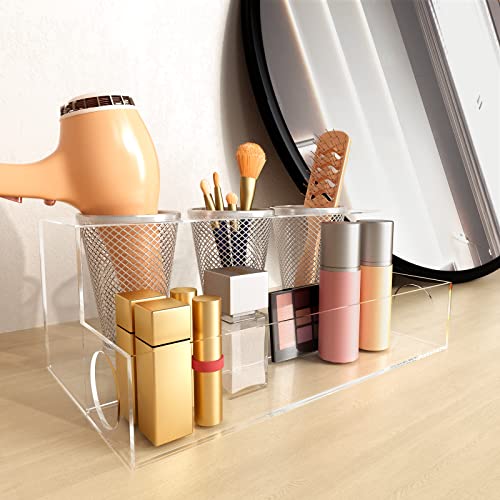 PecMuikee Hair Tool Organizer, Acrylic Hair Tool Caddy Countertop Blow Dryer Stand Storage with 3 Cups for Bathroom, Bedroom, Office, Clear