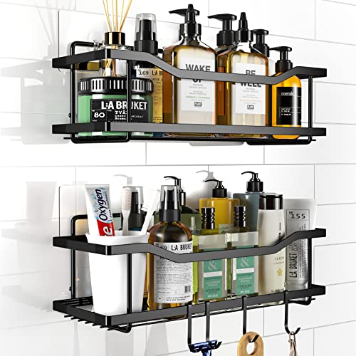 WEYEEN Shower Caddy Bathroom Shelf, No Drilling Adhesive Bathroom Storage Organizer with 4 Hooks, Rustproof Stainless Steel Shower Shelf for Inside Shower & Kitchen Storage , 2 Pack (Black)