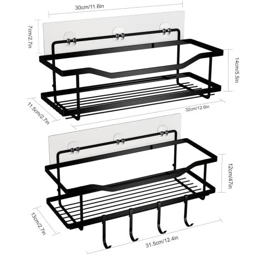 WEYEEN Shower Caddy Bathroom Shelf, No Drilling Adhesive Bathroom Storage Organizer with 4 Hooks, Rustproof Stainless Steel Shower Shelf for Inside Shower & Kitchen Storage , 2 Pack (Black)