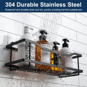 WEYEEN Shower Caddy Bathroom Shelf, No Drilling Adhesive Bathroom Storage Organizer with 4 Hooks, Rustproof Stainless Steel Shower Shelf for Inside Shower & Kitchen Storage , 2 Pack (Black)