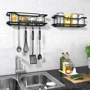 WEYEEN Shower Caddy Bathroom Shelf, No Drilling Adhesive Bathroom Storage Organizer with 4 Hooks, Rustproof Stainless Steel Shower Shelf for Inside Shower & Kitchen Storage , 2 Pack (Black)