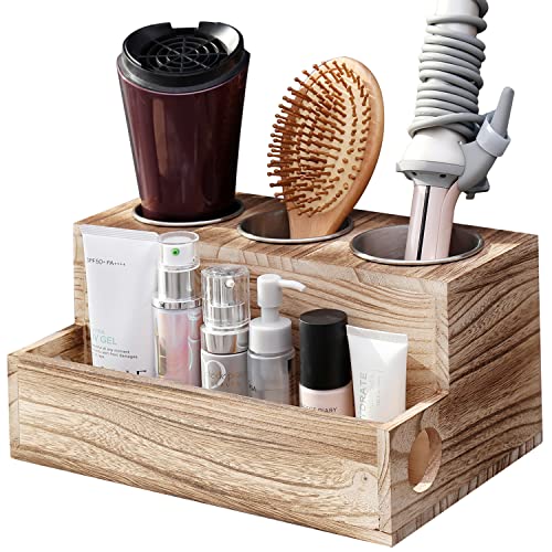 WELLAND Hair Tools Organizer for Bathroom Wall & Countertop, Holds Blow Dryer, Curling Iron, Hair Straightener and More, Rustic Wood Hair Dryer Holder with 3 Stainless Steel Cup