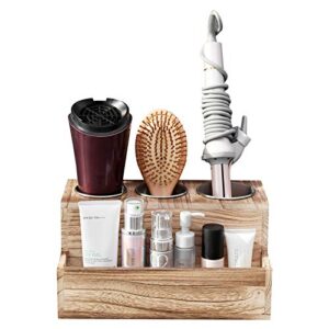 WELLAND Hair Tools Organizer for Bathroom Wall & Countertop, Holds Blow Dryer, Curling Iron, Hair Straightener and More, Rustic Wood Hair Dryer Holder with 3 Stainless Steel Cup