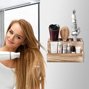 WELLAND Hair Tools Organizer for Bathroom Wall & Countertop, Holds Blow Dryer, Curling Iron, Hair Straightener and More, Rustic Wood Hair Dryer Holder with 3 Stainless Steel Cup