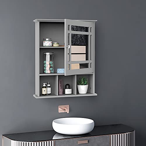 kleankin Bathroom Medicine Cabinet Wall Mount with Mirror Door 3 Shelf Organizer for Bathroom, Kitchen, Grey