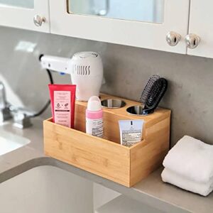 HHE Bamboo Hair Dryer Holder For Bathroom Hair Accessories Curling Iron Styling tools Makeup Cosmetics Organizer for Countertop Wall Mountable All Natural Bamboo