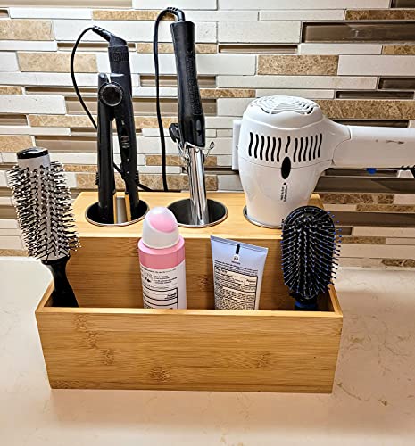 HHE Bamboo Hair Dryer Holder For Bathroom Hair Accessories Curling Iron Styling tools Makeup Cosmetics Organizer for Countertop Wall Mountable All Natural Bamboo