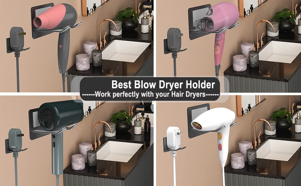 Adhesive Hair Dryer Holder Wall Mount - Adhesive Bathroom Vanity Blow Dryer Holder Organizer Compatible with Dyson Hair Dryers (Black)