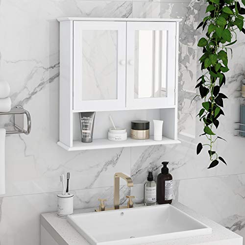 Otryad Wall-Mounted Bathroom Cabinet, Bathroom Medicine Cabinet with Mirror Doors and and Shelves Over Toilet Storage Organizer, Small Bathroom Storage Cabinet Wooden Hanging Cabinet, White