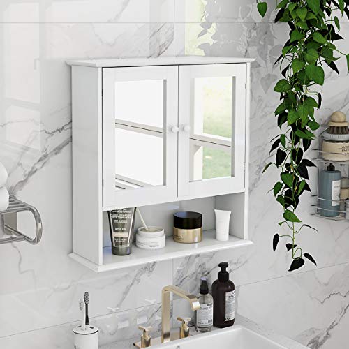 Otryad Wall-Mounted Bathroom Cabinet, Bathroom Medicine Cabinet with Mirror Doors and and Shelves Over Toilet Storage Organizer, Small Bathroom Storage Cabinet Wooden Hanging Cabinet, White