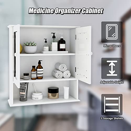 Otryad Wall-Mounted Bathroom Cabinet, Bathroom Medicine Cabinet with Mirror Doors and and Shelves Over Toilet Storage Organizer, Small Bathroom Storage Cabinet Wooden Hanging Cabinet, White