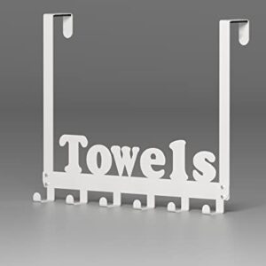 Oxdigi Over The Door Towel Rack for Bathroom with 6 Hooks/Metal Towel Holder Wall Mounted/Behind The Door Towel Hanger for Shower Pool Kitchen Farmhouse/No Drill/Never Rust/Heavy Duty/Matt White