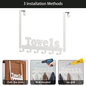 Oxdigi Over The Door Towel Rack for Bathroom with 6 Hooks/Metal Towel Holder Wall Mounted/Behind The Door Towel Hanger for Shower Pool Kitchen Farmhouse/No Drill/Never Rust/Heavy Duty/Matt White