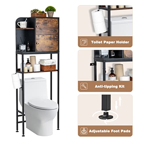 LAVIEVERT Industrial Toilet Storage Rack with Adjustable Shelf, 4-Tier Bathroom Space Saver with 2 Cabinets, Freestanding Bathroom Organizer Over Toilet for Restroom, Laundry - Rustic Brown