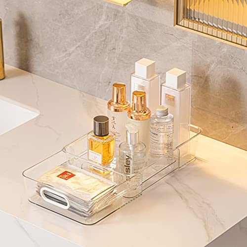 Pull-Out Decorative Tray 15.3x7.1 Inches, Clear Tray for Bathroom Dresser Counter Countertop,Dispenser Plate Serving Trays Pedestal Tray for Perfume,Cosmetics,Jewelry,Makeup,Skincare Organizer