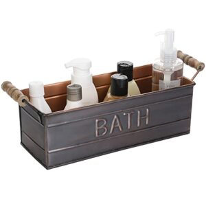 mygift vintage bronze metal rectangular storage basket with wooden handles, bathroom toiletries holder, organizer bin with embossed bath label - handcrafted in india