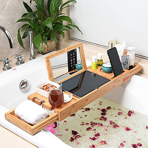 JinGarss Bamboo Bathtub Tray Caddy Bath Tub Tray Bridge Shower Shelves Organizer Tray 20-37 inch Expandable Rack Laptop Tray Caddy Bath Table with Wineglass Holder