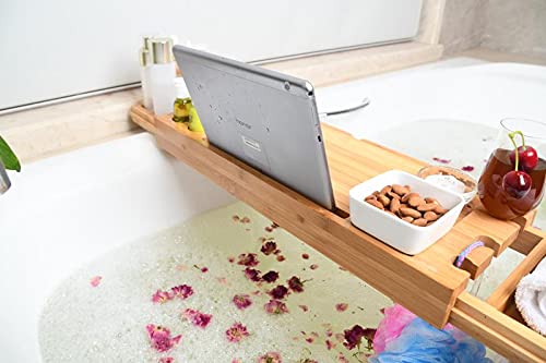 JinGarss Bamboo Bathtub Tray Caddy Bath Tub Tray Bridge Shower Shelves Organizer Tray 20-37 inch Expandable Rack Laptop Tray Caddy Bath Table with Wineglass Holder