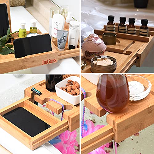 JinGarss Bamboo Bathtub Tray Caddy Bath Tub Tray Bridge Shower Shelves Organizer Tray 20-37 inch Expandable Rack Laptop Tray Caddy Bath Table with Wineglass Holder