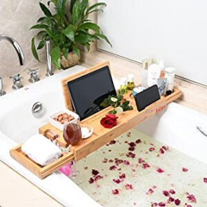 JinGarss Bamboo Bathtub Tray Caddy Bath Tub Tray Bridge Shower Shelves Organizer Tray 20-37 inch Expandable Rack Laptop Tray Caddy Bath Table with Wineglass Holder