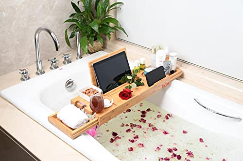 JinGarss Bamboo Bathtub Tray Caddy Bath Tub Tray Bridge Shower Shelves Organizer Tray 20-37 inch Expandable Rack Laptop Tray Caddy Bath Table with Wineglass Holder