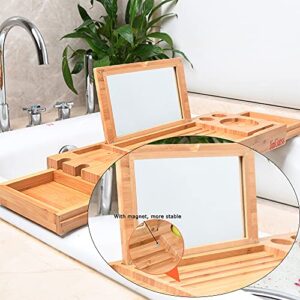 JinGarss Bamboo Bathtub Tray Caddy Bath Tub Tray Bridge Shower Shelves Organizer Tray 20-37 inch Expandable Rack Laptop Tray Caddy Bath Table with Wineglass Holder