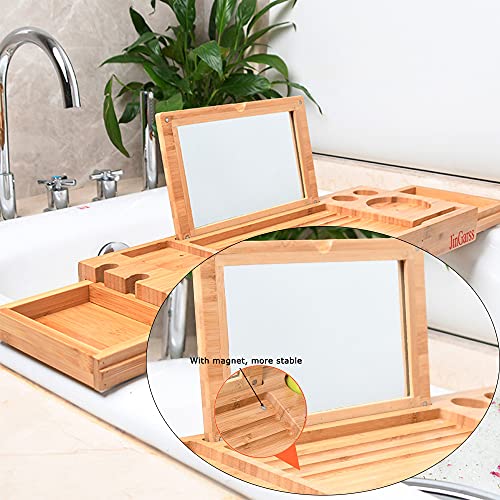 JinGarss Bamboo Bathtub Tray Caddy Bath Tub Tray Bridge Shower Shelves Organizer Tray 20-37 inch Expandable Rack Laptop Tray Caddy Bath Table with Wineglass Holder