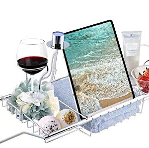 GOTOTOP Stainless Steel Tub Shampoo Bath Caddy Bathtub Caddy Tray, Stainless Steel Bathroom Bath Tub Table Caddy Tray Shelf with Extending Sides and Removable Wine Glass Book Holder Bath Organizer