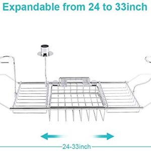 GOTOTOP Stainless Steel Tub Shampoo Bath Caddy Bathtub Caddy Tray, Stainless Steel Bathroom Bath Tub Table Caddy Tray Shelf with Extending Sides and Removable Wine Glass Book Holder Bath Organizer