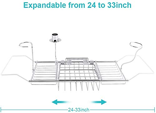 GOTOTOP Stainless Steel Tub Shampoo Bath Caddy Bathtub Caddy Tray, Stainless Steel Bathroom Bath Tub Table Caddy Tray Shelf with Extending Sides and Removable Wine Glass Book Holder Bath Organizer