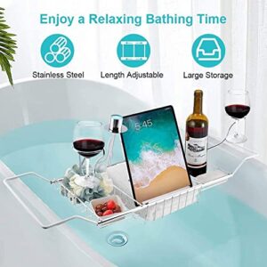 GOTOTOP Stainless Steel Tub Shampoo Bath Caddy Bathtub Caddy Tray, Stainless Steel Bathroom Bath Tub Table Caddy Tray Shelf with Extending Sides and Removable Wine Glass Book Holder Bath Organizer