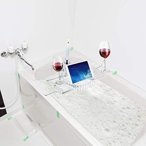 GOTOTOP Stainless Steel Tub Shampoo Bath Caddy Bathtub Caddy Tray, Stainless Steel Bathroom Bath Tub Table Caddy Tray Shelf with Extending Sides and Removable Wine Glass Book Holder Bath Organizer