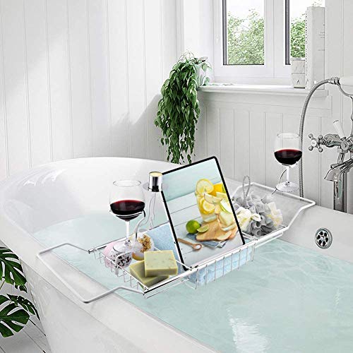 GOTOTOP Stainless Steel Tub Shampoo Bath Caddy Bathtub Caddy Tray, Stainless Steel Bathroom Bath Tub Table Caddy Tray Shelf with Extending Sides and Removable Wine Glass Book Holder Bath Organizer