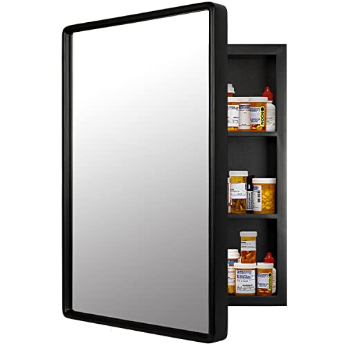 Medicine Cabinet Bathroom Mirror, 24''x16'' Farmhouse Wood Frame Bathroom Medicine Cabinet with Mirror, Vanity Mirrors Recess or Surface Mounted Installation (Black)