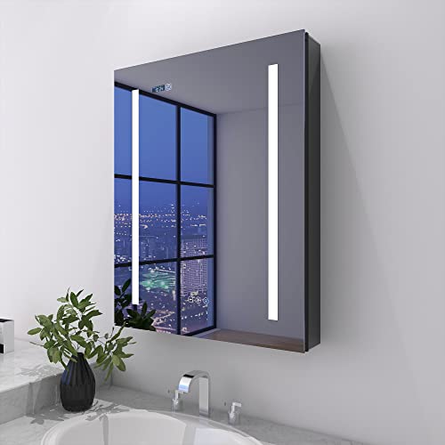 FRALIMK Recessed or Surface LED Medicine Cabinet, Lighted Mirror Cabinet with Lights, 24x30 in Bathroom Wall Cabinet with Defogger, Dimmer, Date/Time & Room Temp Display, 3X Makeup Mirror, Outlets