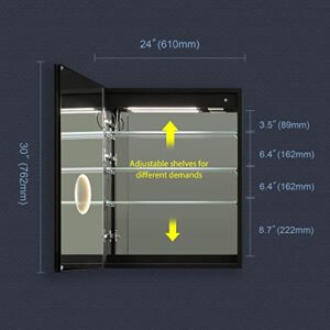 FRALIMK Recessed or Surface LED Medicine Cabinet, Lighted Mirror Cabinet with Lights, 24x30 in Bathroom Wall Cabinet with Defogger, Dimmer, Date/Time & Room Temp Display, 3X Makeup Mirror, Outlets