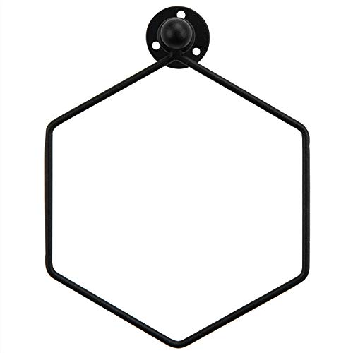 MyGift Wall Mounted Matte Black Metal Hexagon Towel Ring, Industrial Wire Geometric Shaped Hand Towel Holder for Kitchen, Bathroom or Laundry Room