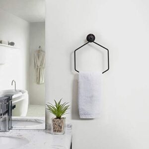 MyGift Wall Mounted Matte Black Metal Hexagon Towel Ring, Industrial Wire Geometric Shaped Hand Towel Holder for Kitchen, Bathroom or Laundry Room