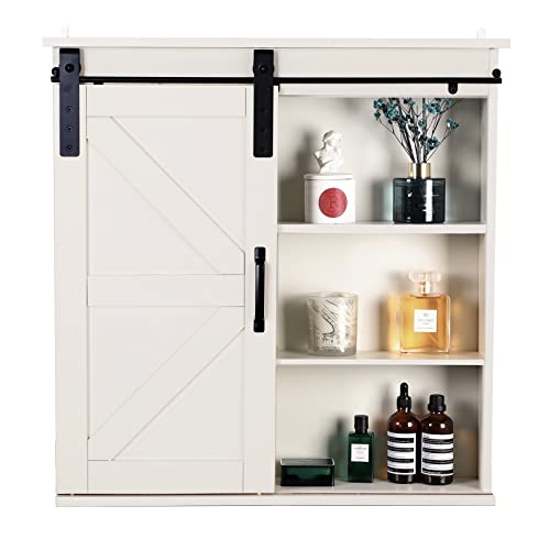 MAISON ARTS Medicine Cabinet with Sliding Barn Door, Farmhouse Storage Wall Cabinet for Bathroom, Kitchen Dining, Living Room, Creamy White