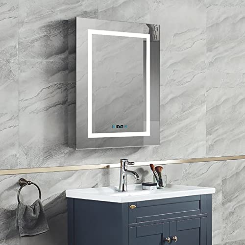 Medicine Cabinet with Lights and Mirror, LED Medicine Cabinet for Bathroom, with Defogger, Dimmer, Clock and Temper Display, Memory Function, 20''X28'', Surface Mounted, Stainless Steel, Left Hinges