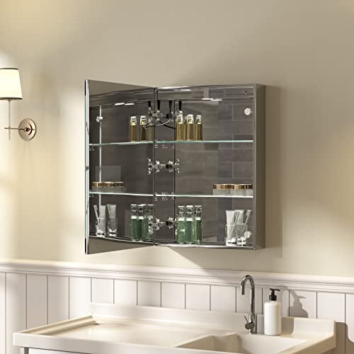 Medicine Cabinet with Lights and Mirror, LED Medicine Cabinet for Bathroom, with Defogger, Dimmer, Clock and Temper Display, Memory Function, 20''X28'', Surface Mounted, Stainless Steel, Left Hinges