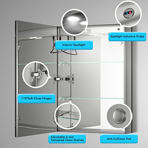 Medicine Cabinet with Lights and Mirror, LED Medicine Cabinet for Bathroom, with Defogger, Dimmer, Clock and Temper Display, Memory Function, 20''X28'', Surface Mounted, Stainless Steel, Left Hinges